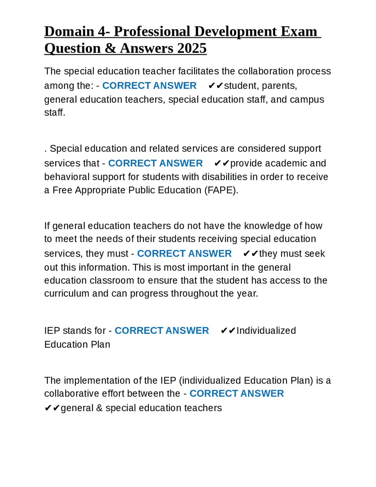 Domain 4- Professional Development Exam Question & Answers 2025 | Exams ...