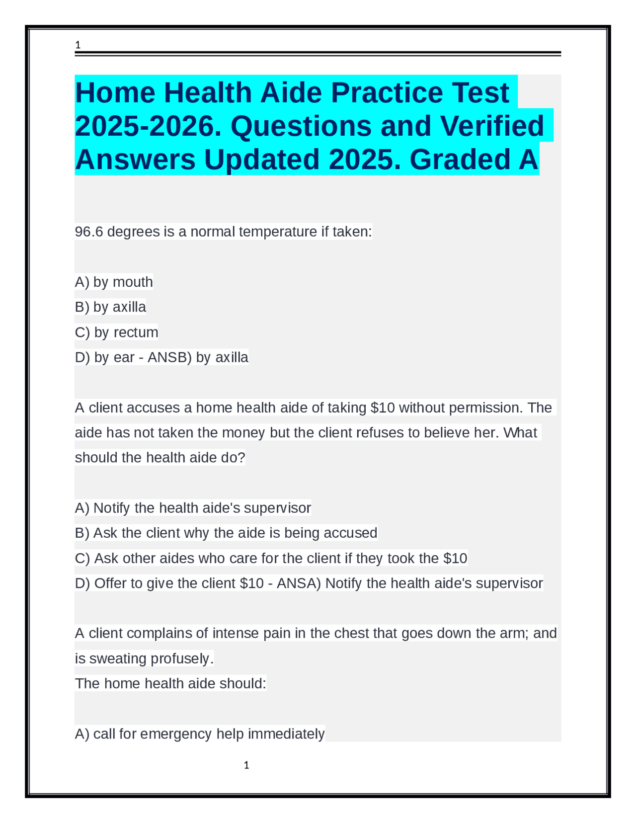 Home Health Aide Practice Test 2025-2026. Questions and Verified ...