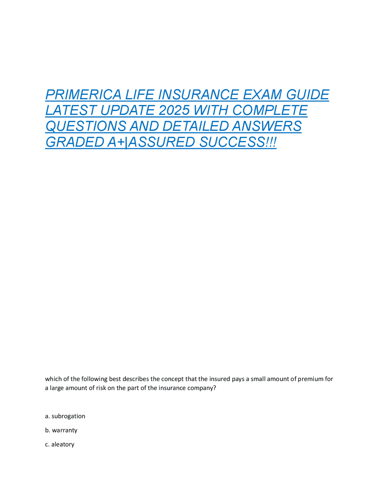 PRIMERICA LIFE INSURANCE EXAM GUIDE LATEST UPDATE 2025 WITH COMPLETE ...