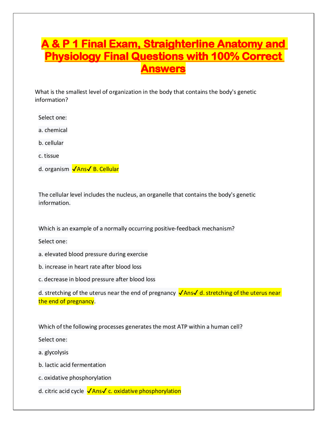 A & P 1 Final Exam, Straighterline Anatomy and Physiology Final ...