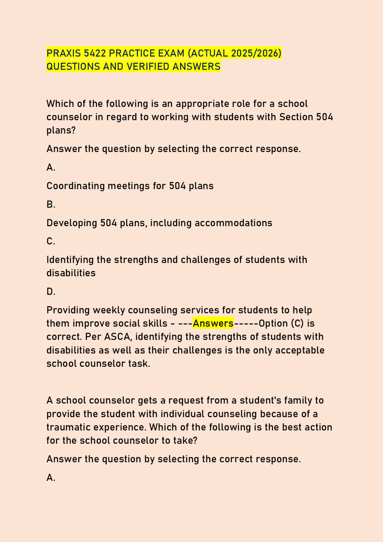 Praxis 5422 Practice Exam: Questions and Answers for School Counselors ...