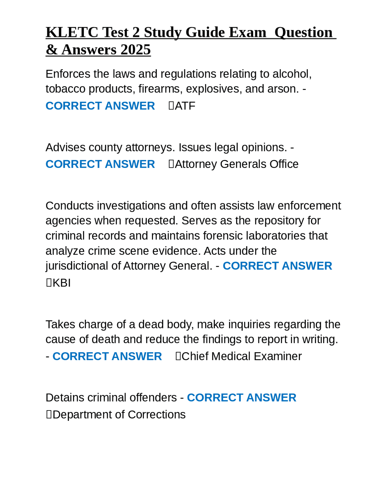 KLETC Test 2 Study Guide: Law Enforcement Agencies, Jurisdiction, and ...