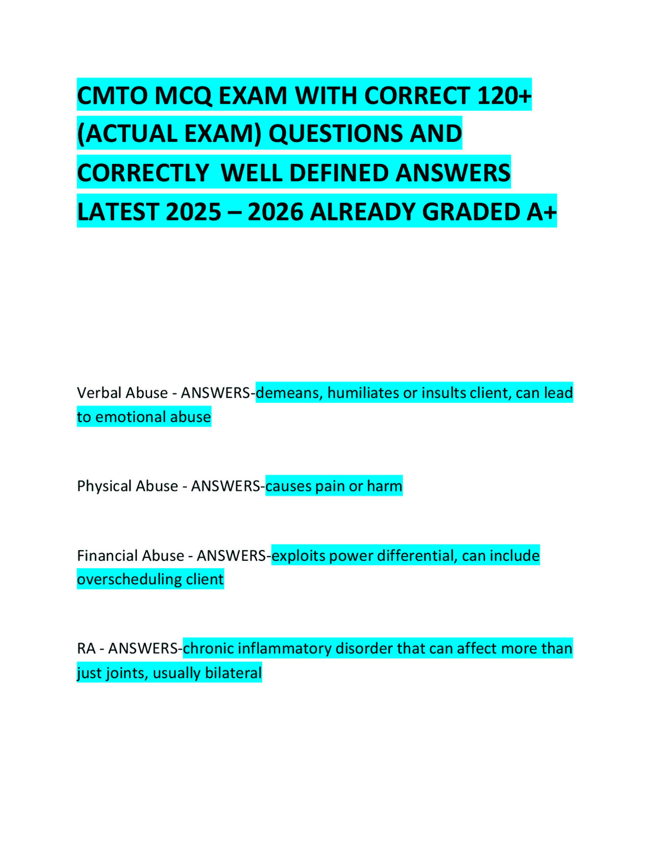 CMTO MCQ EXAM WITH CORRECT 120+ (ACTUAL EXAM) QUESTIONS AND CORRECTLY ...