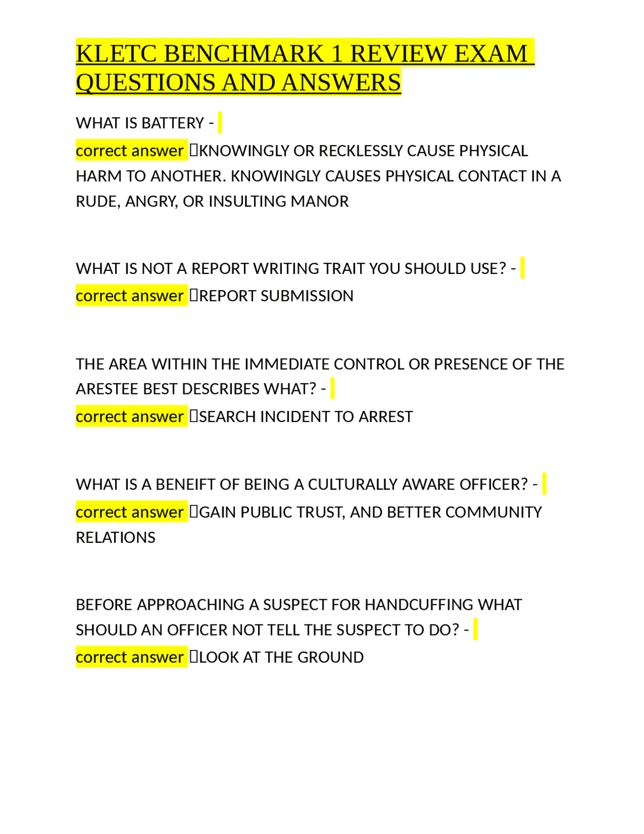 KLETC Benchmark 1 Review: Law Enforcement Procedures | Exams ...
