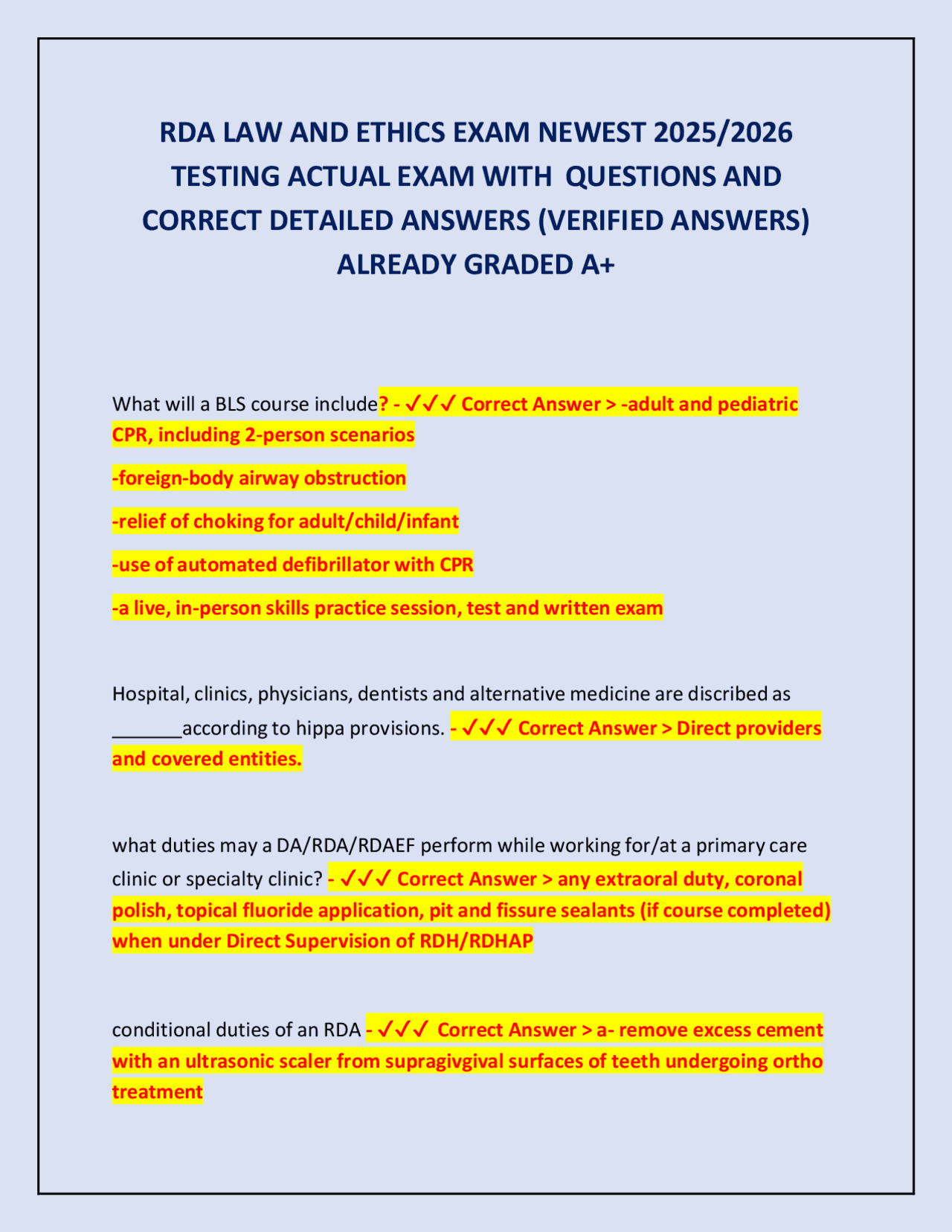 RDA LAW AND ETHICS EXAM NEWEST 2025/2026 TESTING ACTUAL EXAM WITH ...