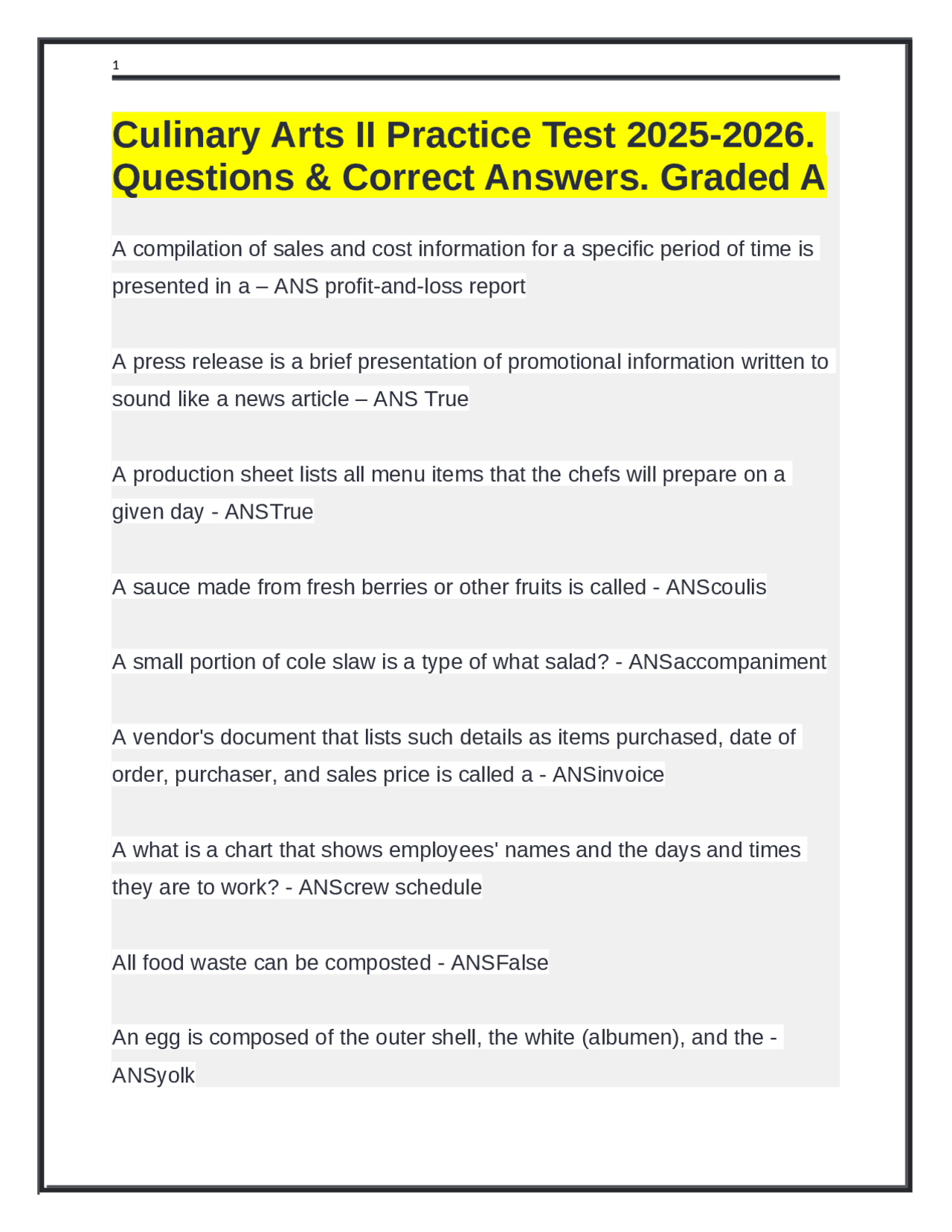 Culinary Arts II Practice Test 2025-2026. Questions & Correct Answers ...