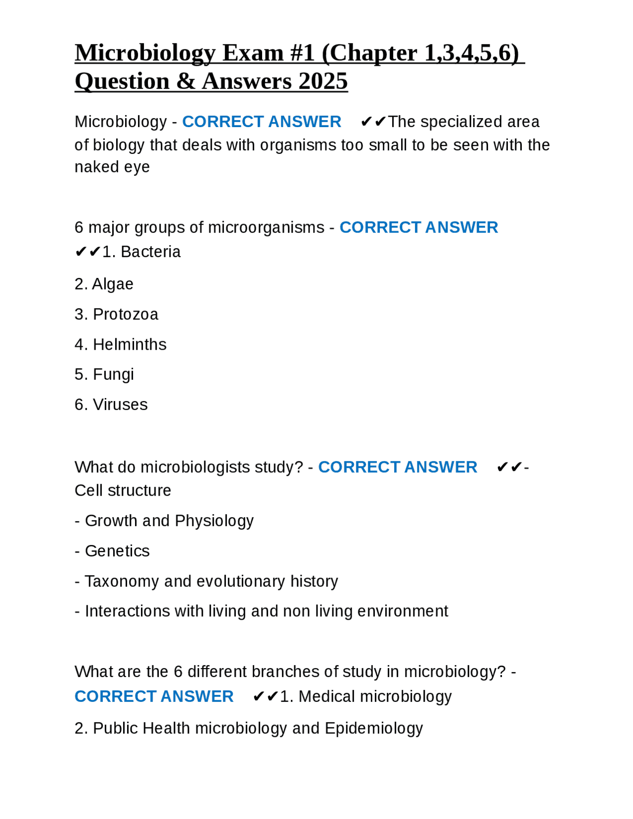 Microbiology Exam #1 (Chapter 1,3,4,5,6) Question & Answers 2025 | Exams Nursing | Docsity