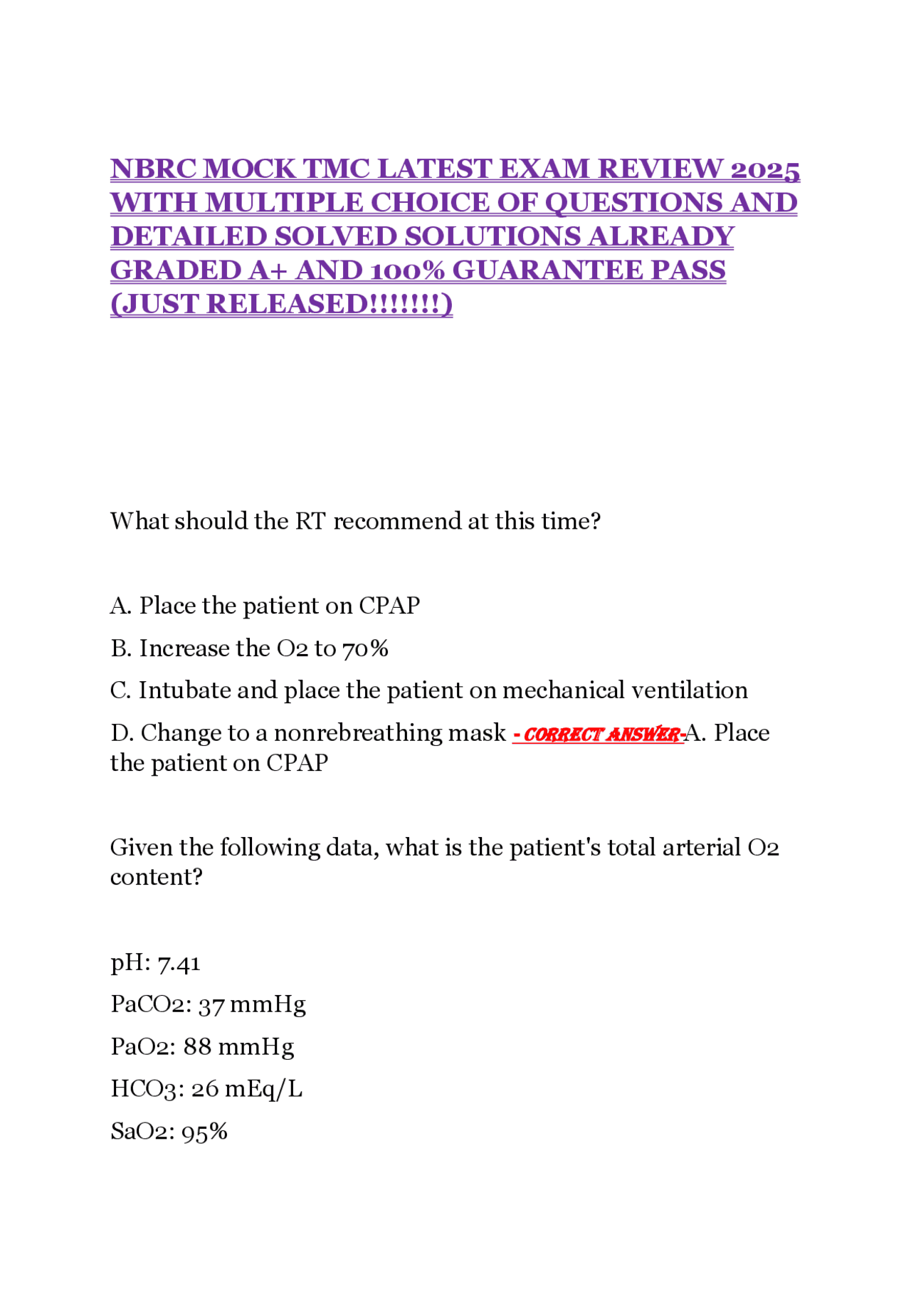 NBRC MOCK TMC LATEST EXAM REVIEW 2025 WITH MULTIPLE CHOICE OF QUESTIONS ...