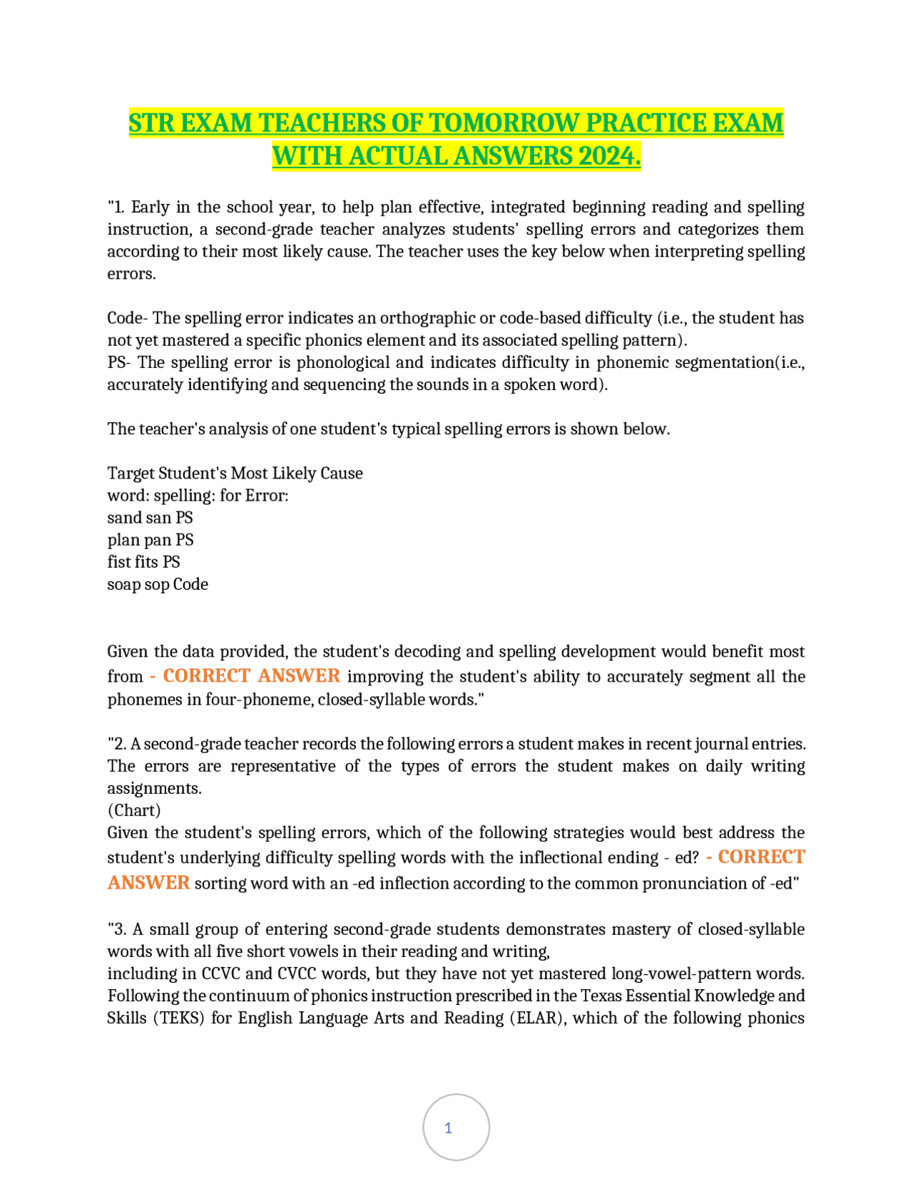 STR EXAM TEACHERS OF TOMORROW PRACTICE EXAM | Exams Teaching method | Docsity