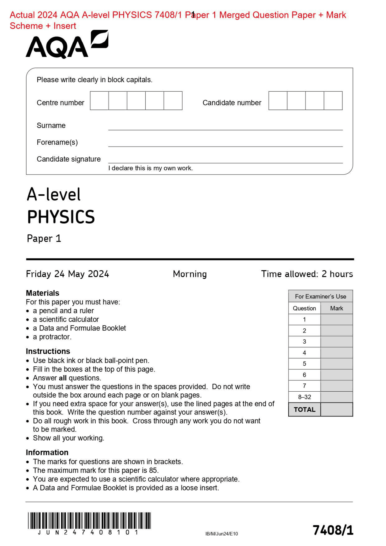 Actual 2024 AQA A-level PHYSICS 7408/1 Paper 1 Merged Question Paper ...
