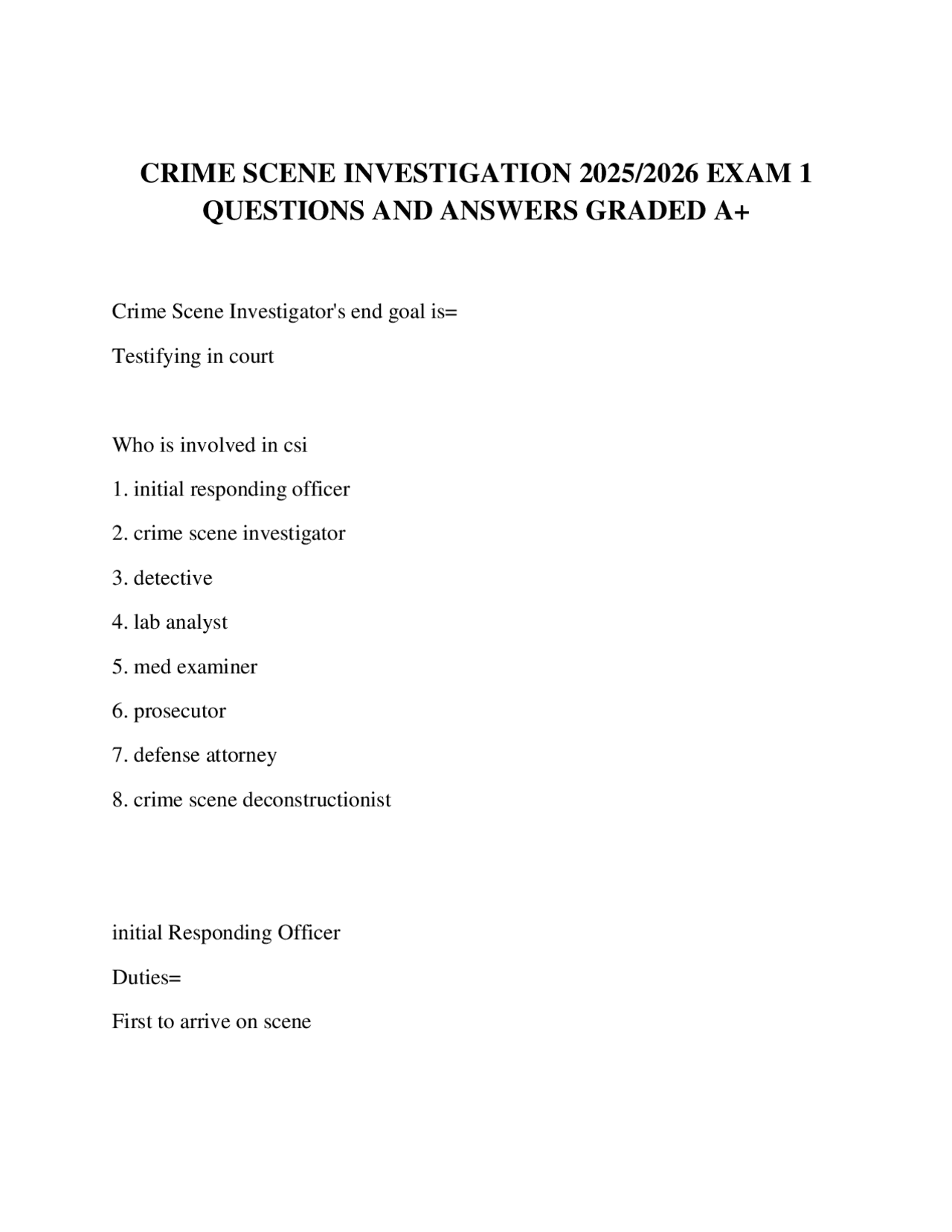 CRIME SCENE INVESTIGATION 2025/2026 EXAM 1 QUESTIONS AND ANSWERS GRADED ...