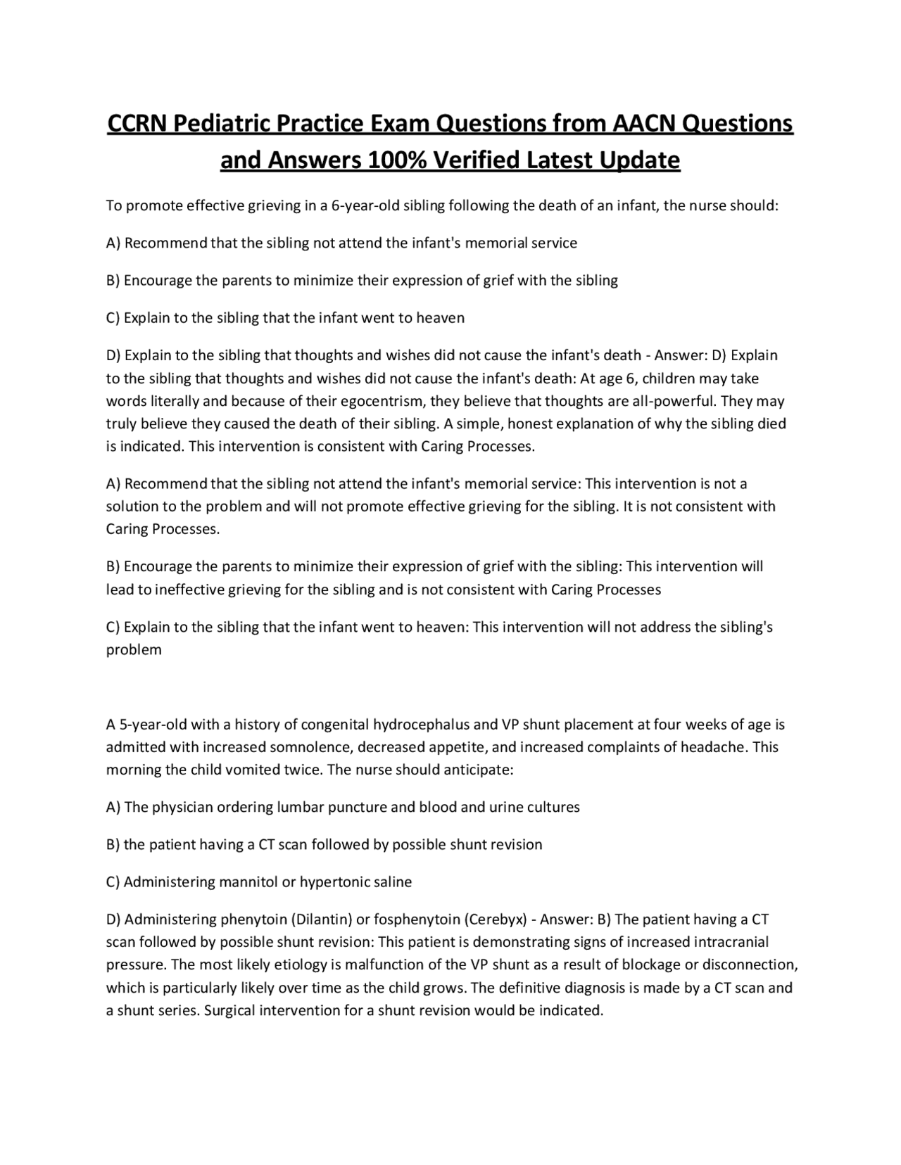 CCRN Pediatric Practice Exam Questions from AACN Questions and Answers ...