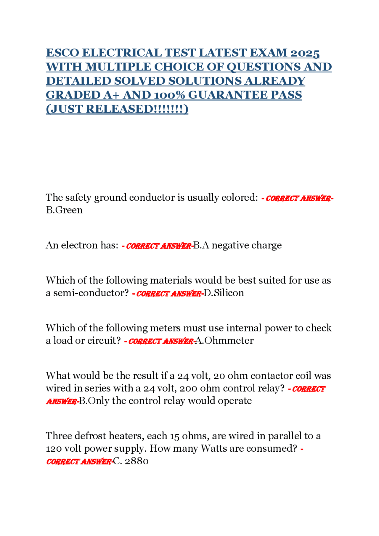 ESCO ELECTRICAL TEST LATEST EXAM 2025 WITH MULTIPLE CHOICE OF QUESTIONS ...