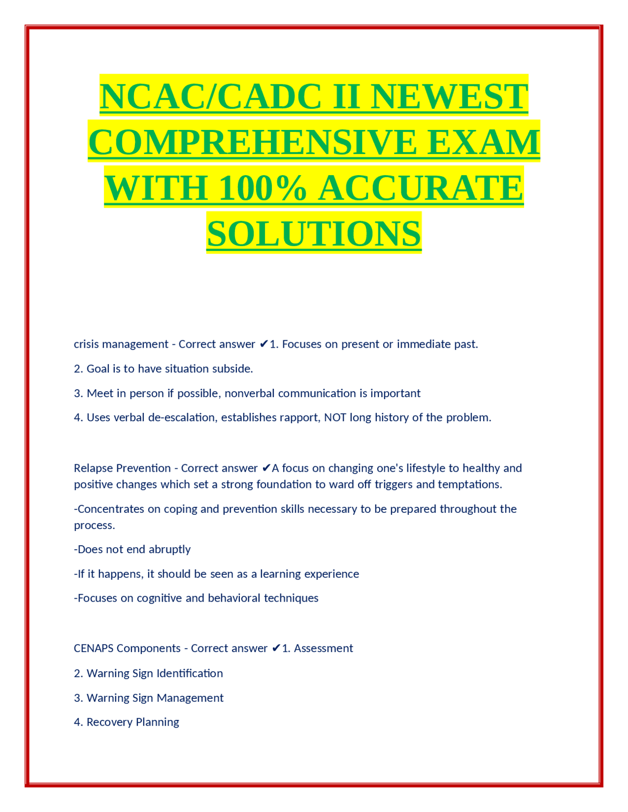 NCAC CADC II NEWEST COMPREHENSIVE EXAM (1227 QUESTIONS) WITH 100% ...