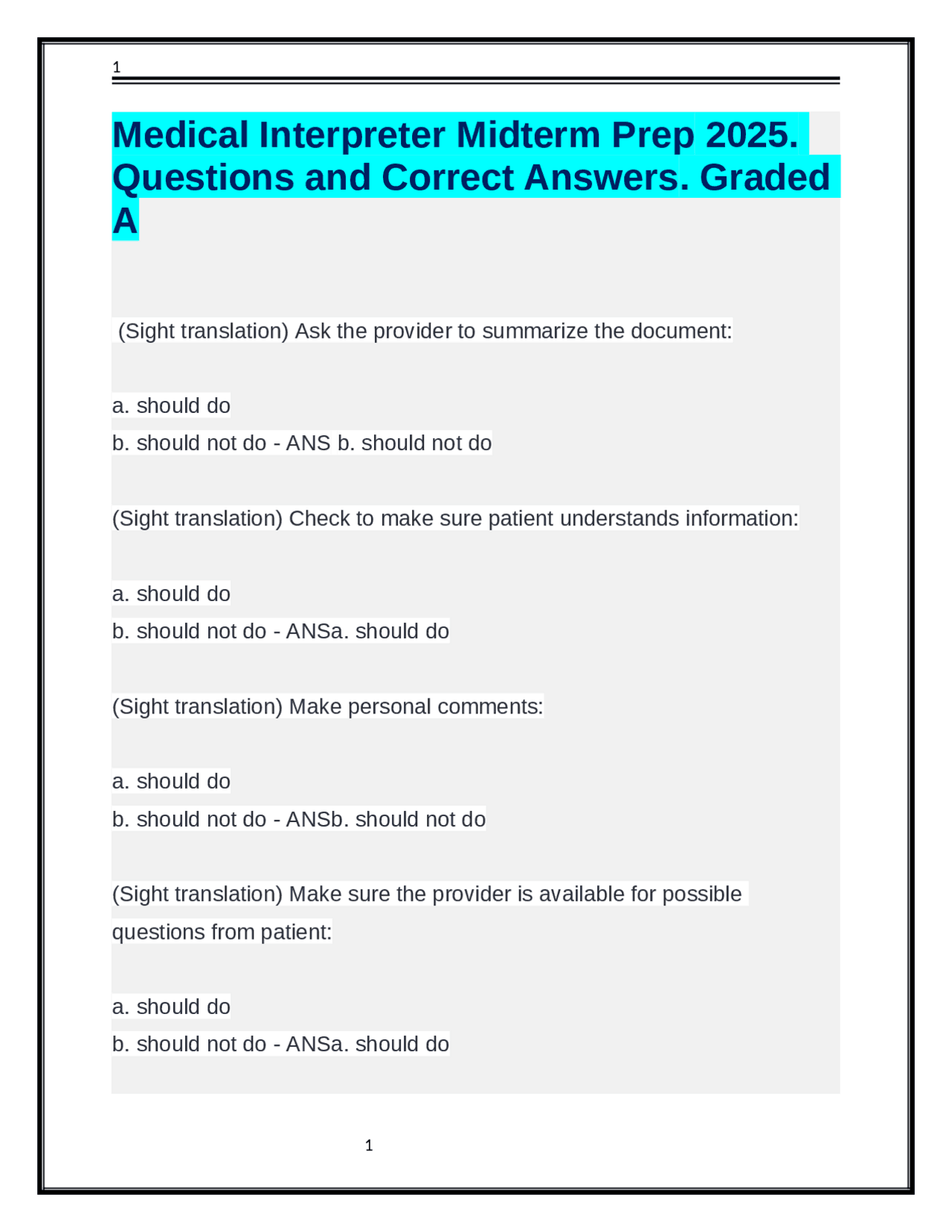 Medical Interpreter Midterm Exam Prep: Questions and Answers | Exams ...