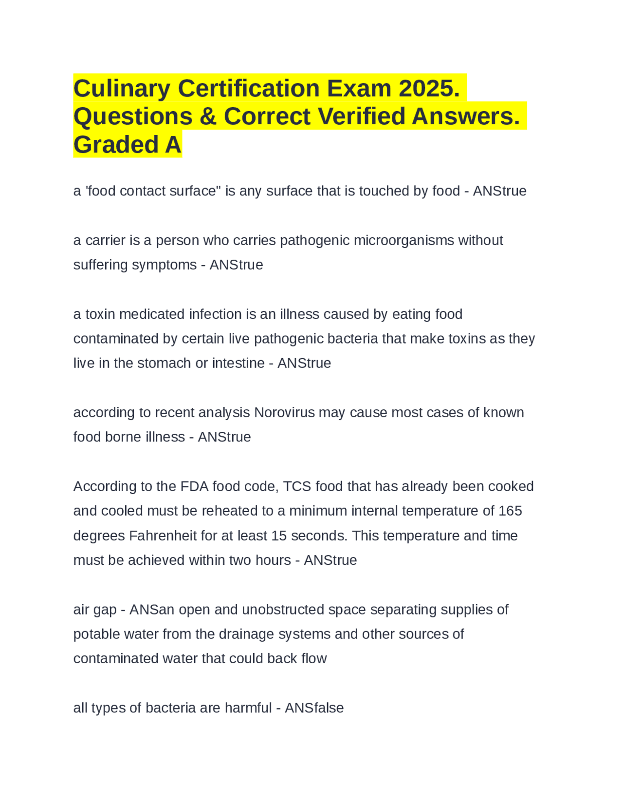 Culinary Certification Exam 2025. Questions & Correct Verified Answers ...