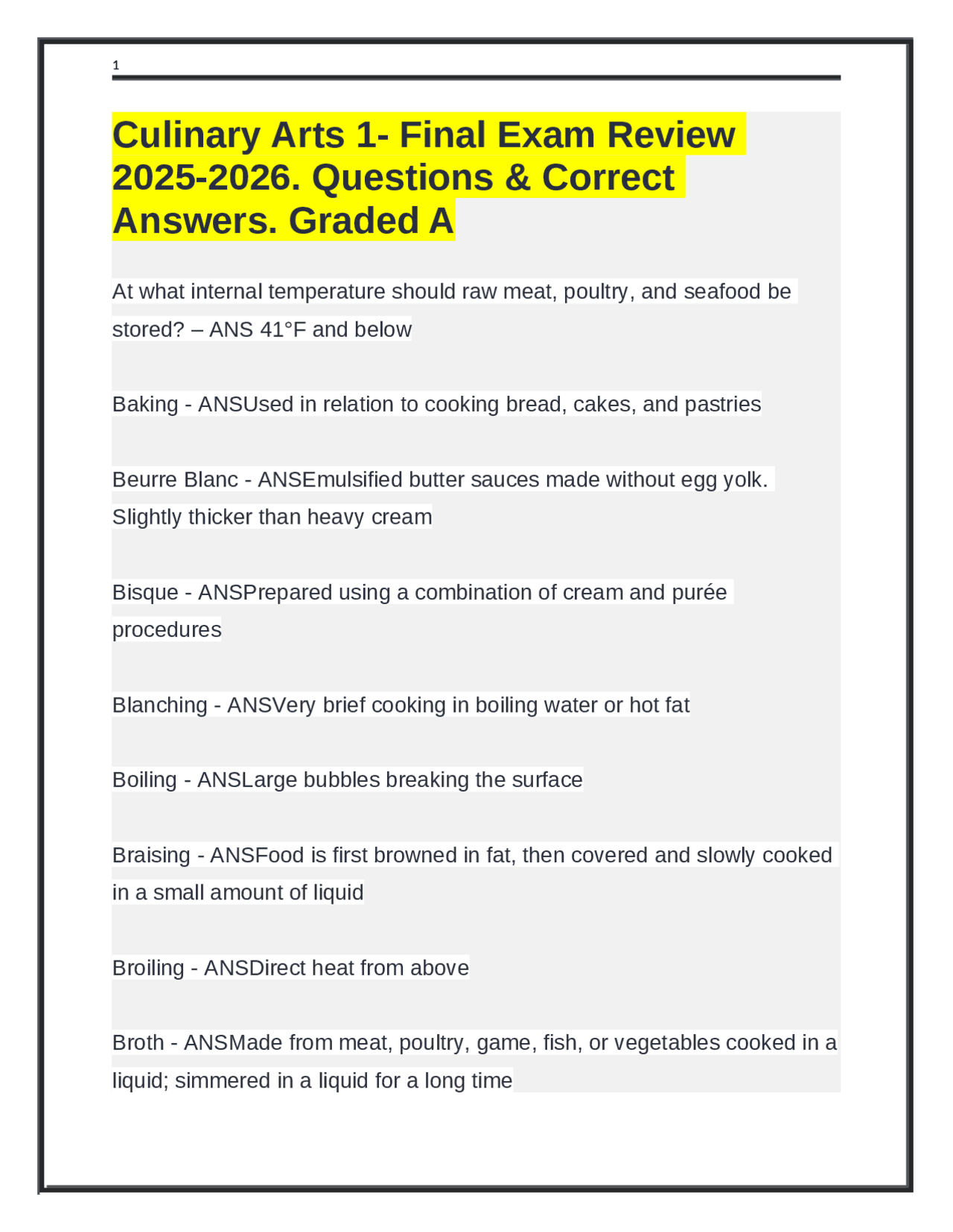 Culinary Arts 1- Final Exam Review 2025-2026. Questions & Correct ...