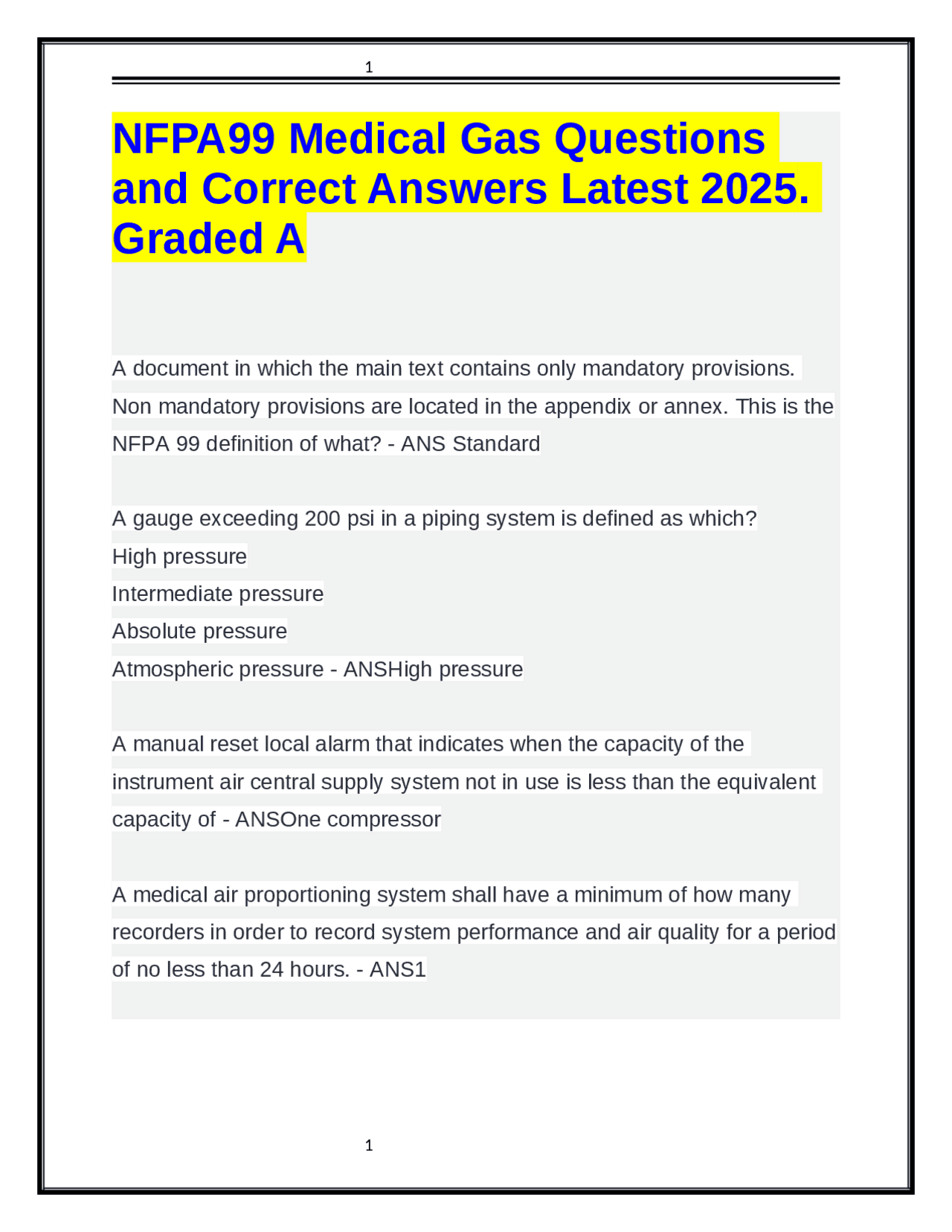 NFPA99 Medical Gas Questions and Correct Answers Latest 2025. Graded A ...