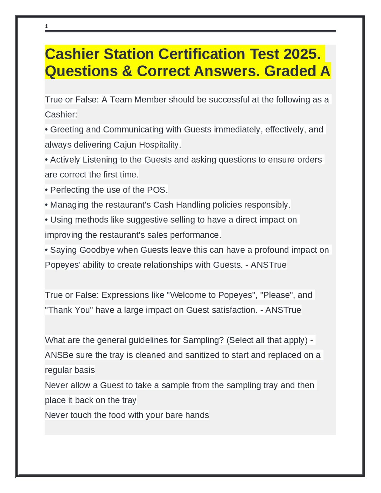 Cashier Station Certification Test 2025. Questions & Correct Answers ...
