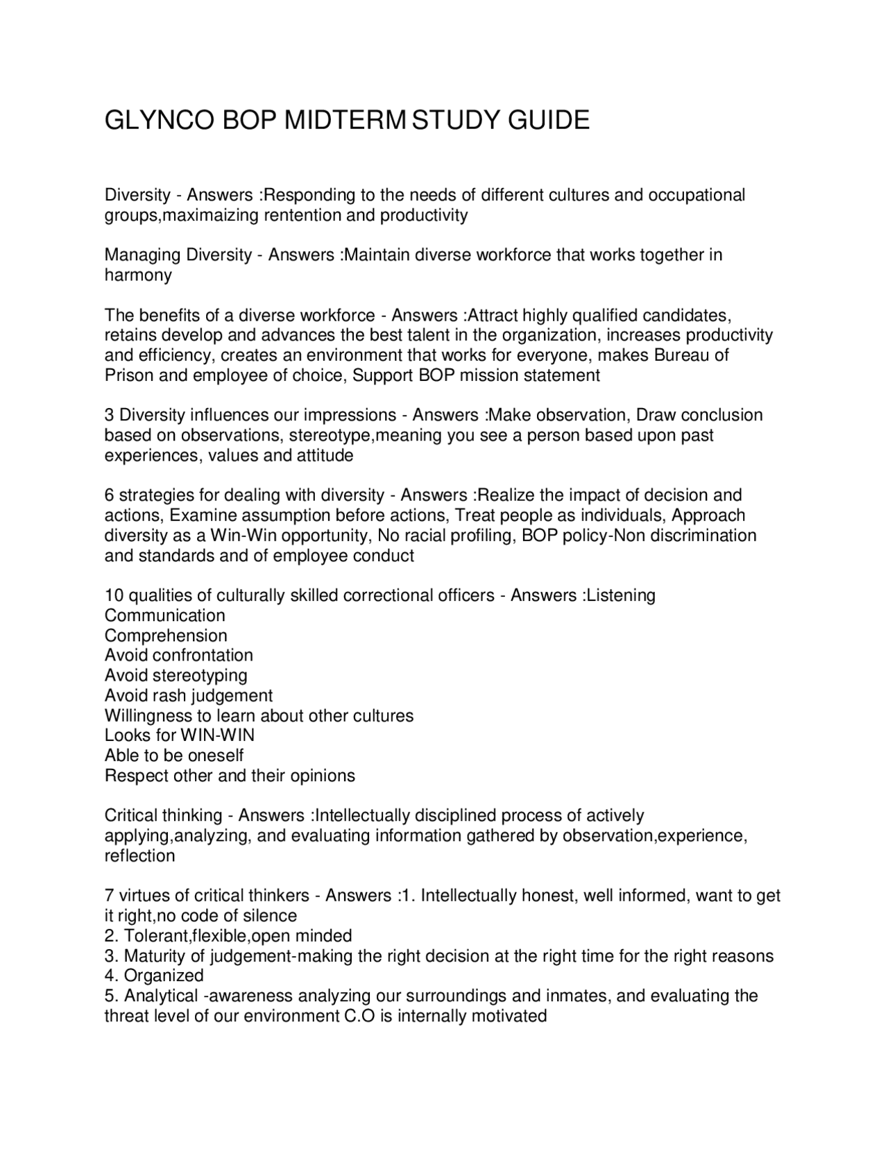 Glynco BOP Midterm Study Guide: Diversity, Critical Thinking, and ...