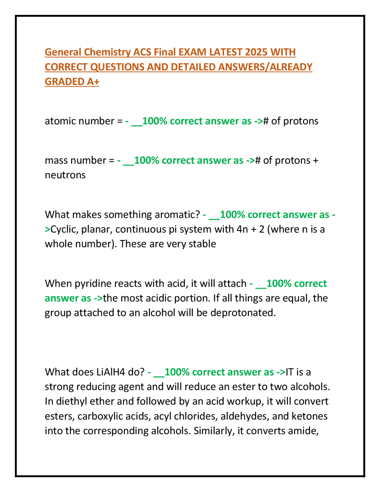 General Chemistry ACS Final EXAM LATEST 2025 WITH CORRECT QUESTIONS AND ...