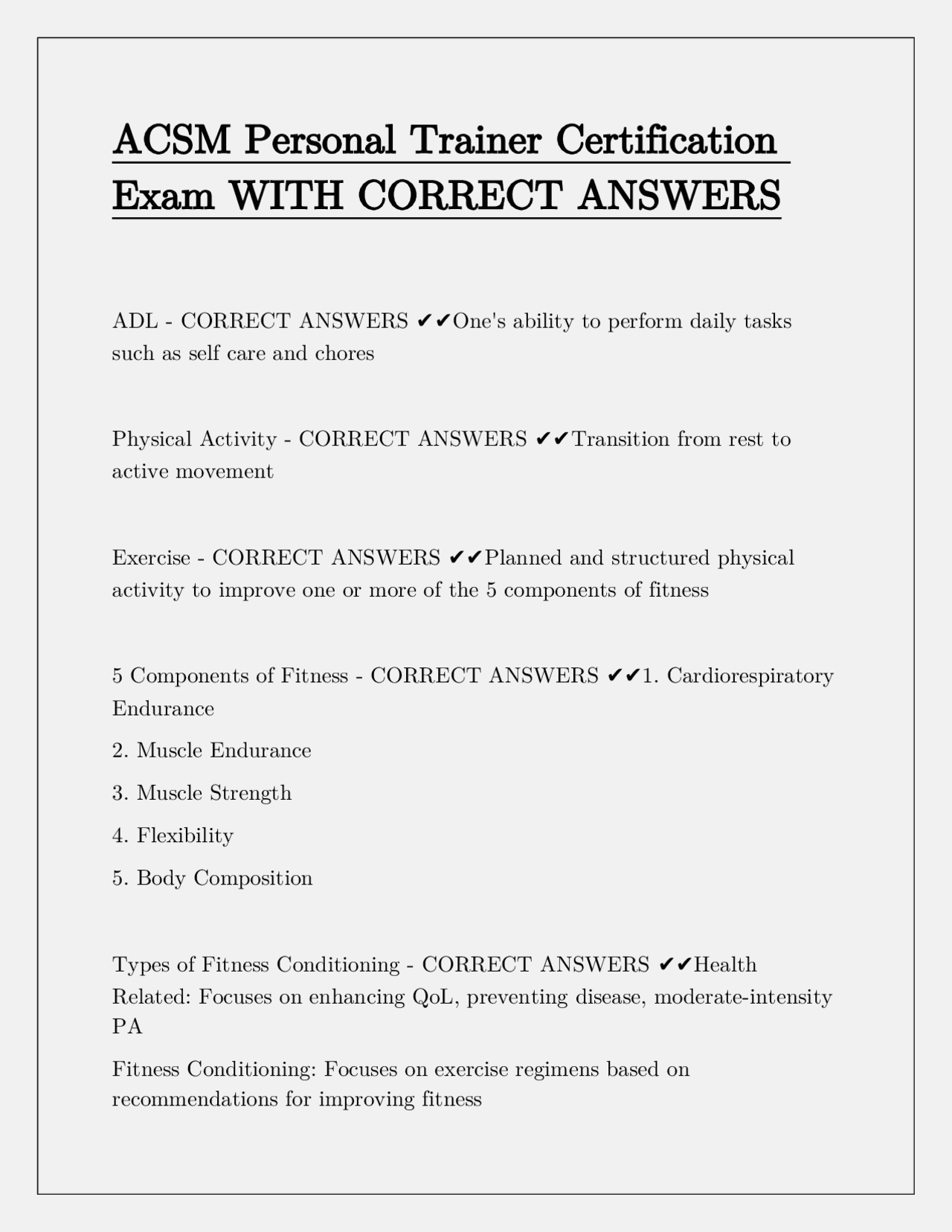 ACSM Personal Trainer Certification Exam Questions and Answers | Exams ...