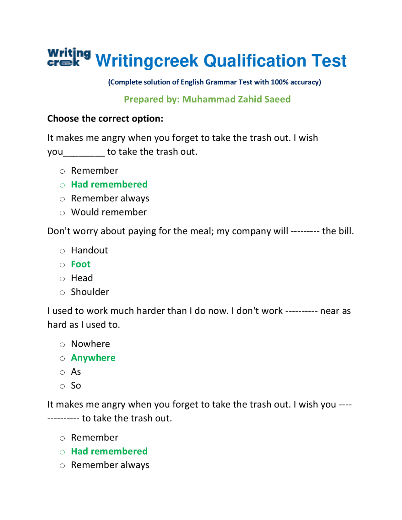 English Grammar Writing creek Qualification Test with Complete solution ...