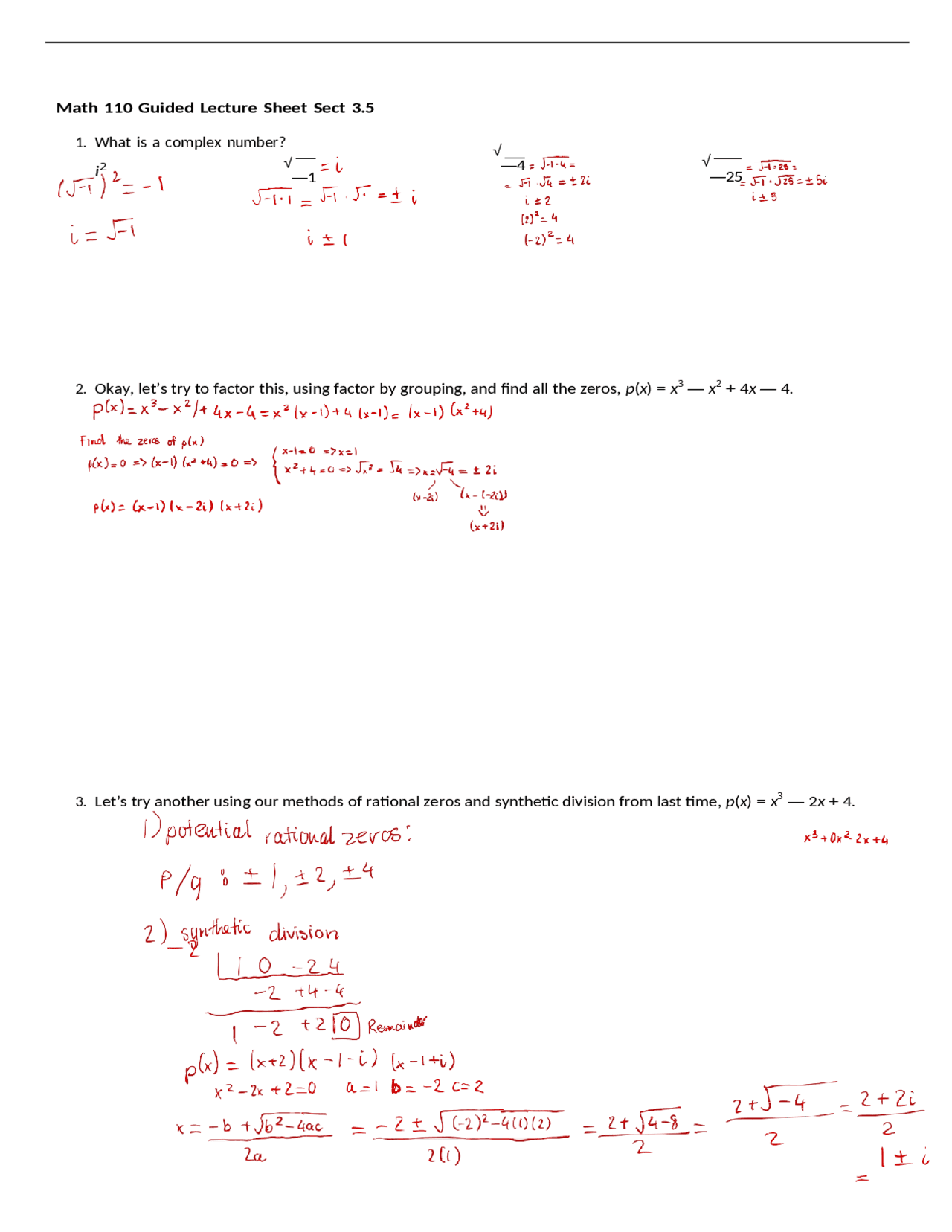 Math 110: Complex Numbers, Polynomial Factoring, and Zeros | Exams Mathematics | Docsity