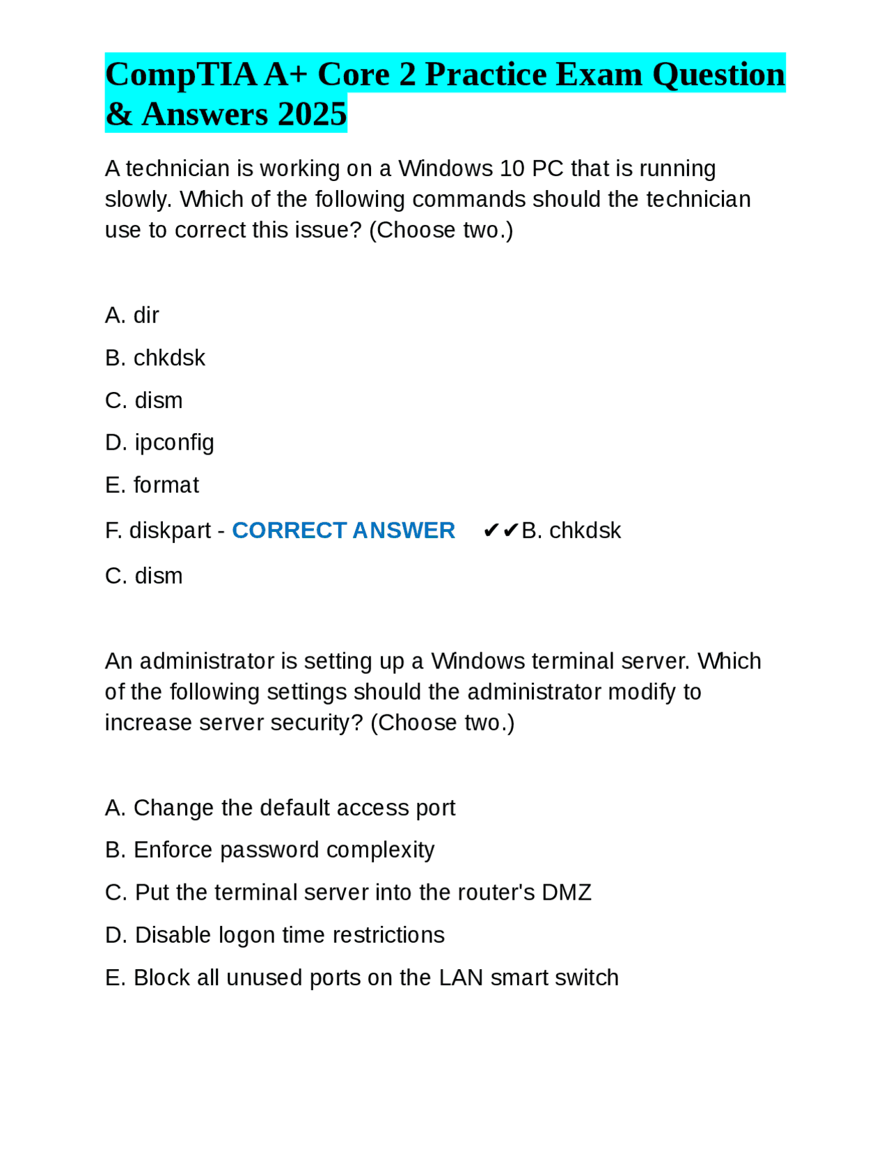 CompTIA A+ Core 2 Practice Exam Question & Answers 2025 | Exams ...