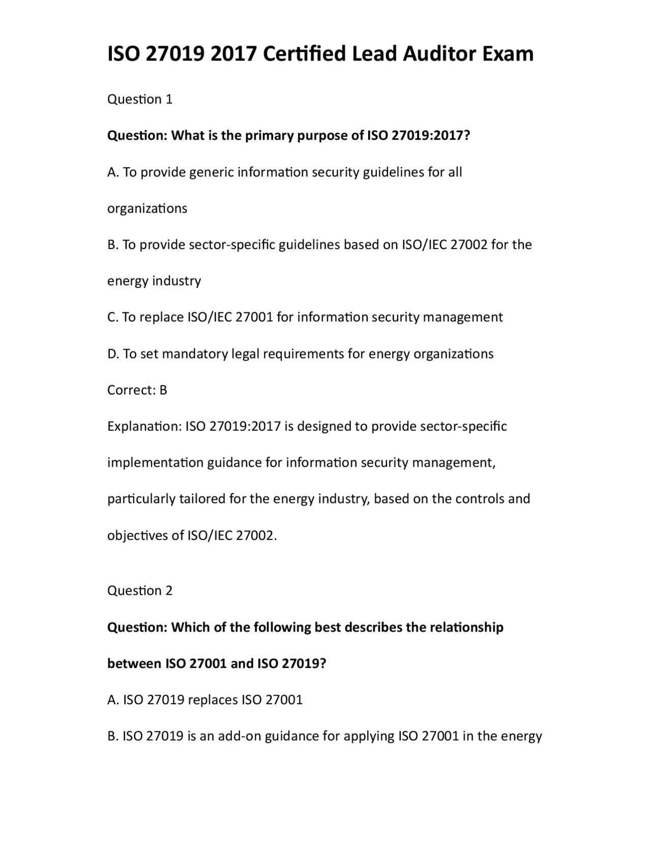 ISO 27019 2017 Certified Lead Auditor Exam | Exams Technology | Docsity