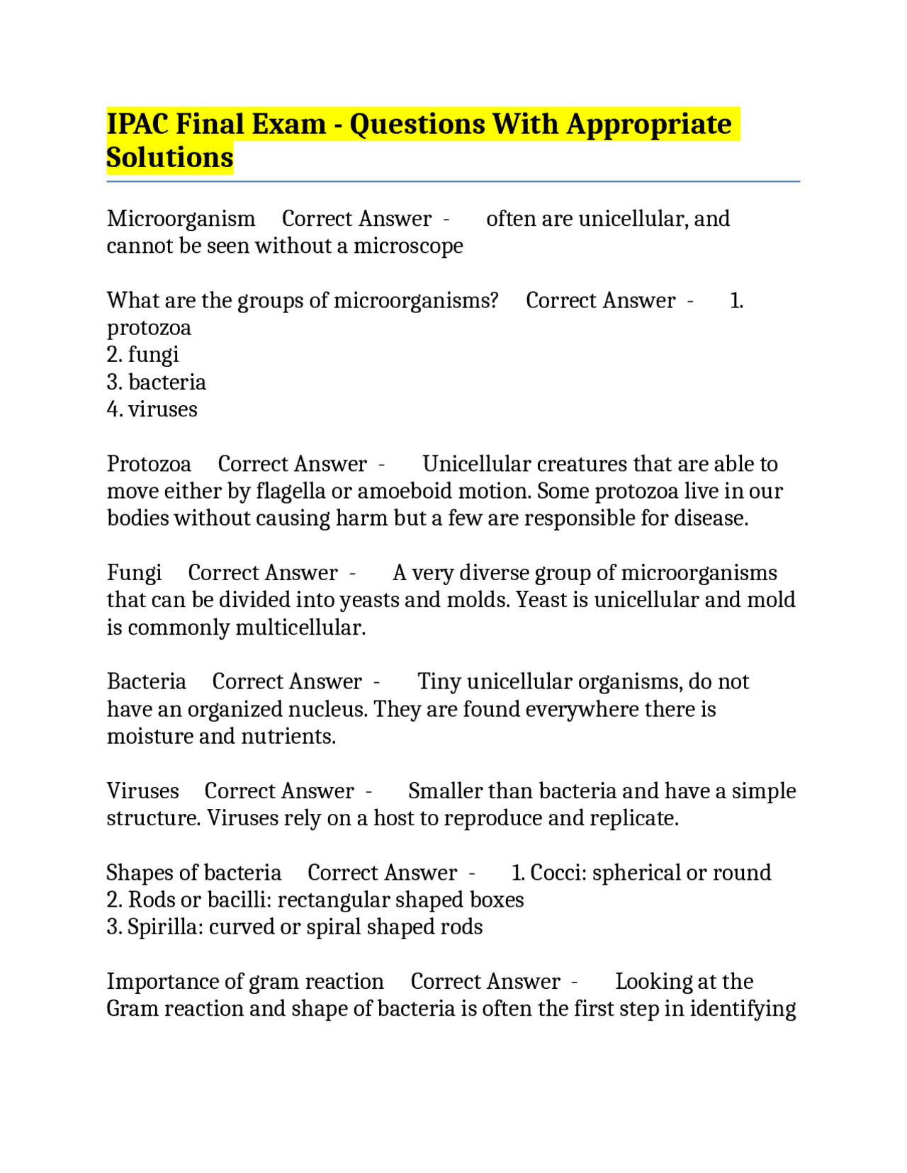 IPAC Final Exam - Questions With Appropriate Solutions | Exams Nursing ...