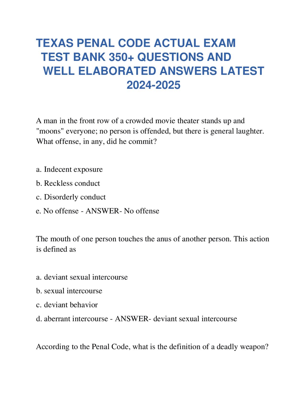 TEXAS PENAL CODE ACTUAL EXAM TEST BANK 350+ QUESTIONS AND WELL ...