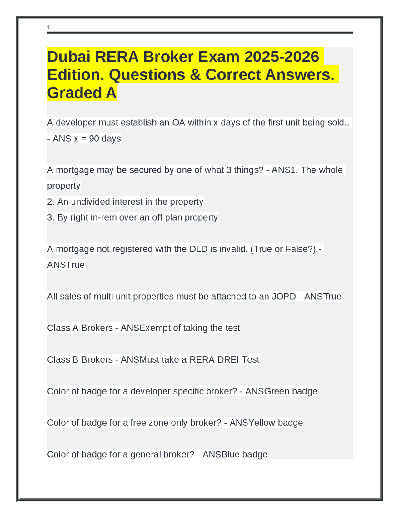 Dubai RERA Broker Exam 2025-2026 Edition. Questions & Correct Answers ...