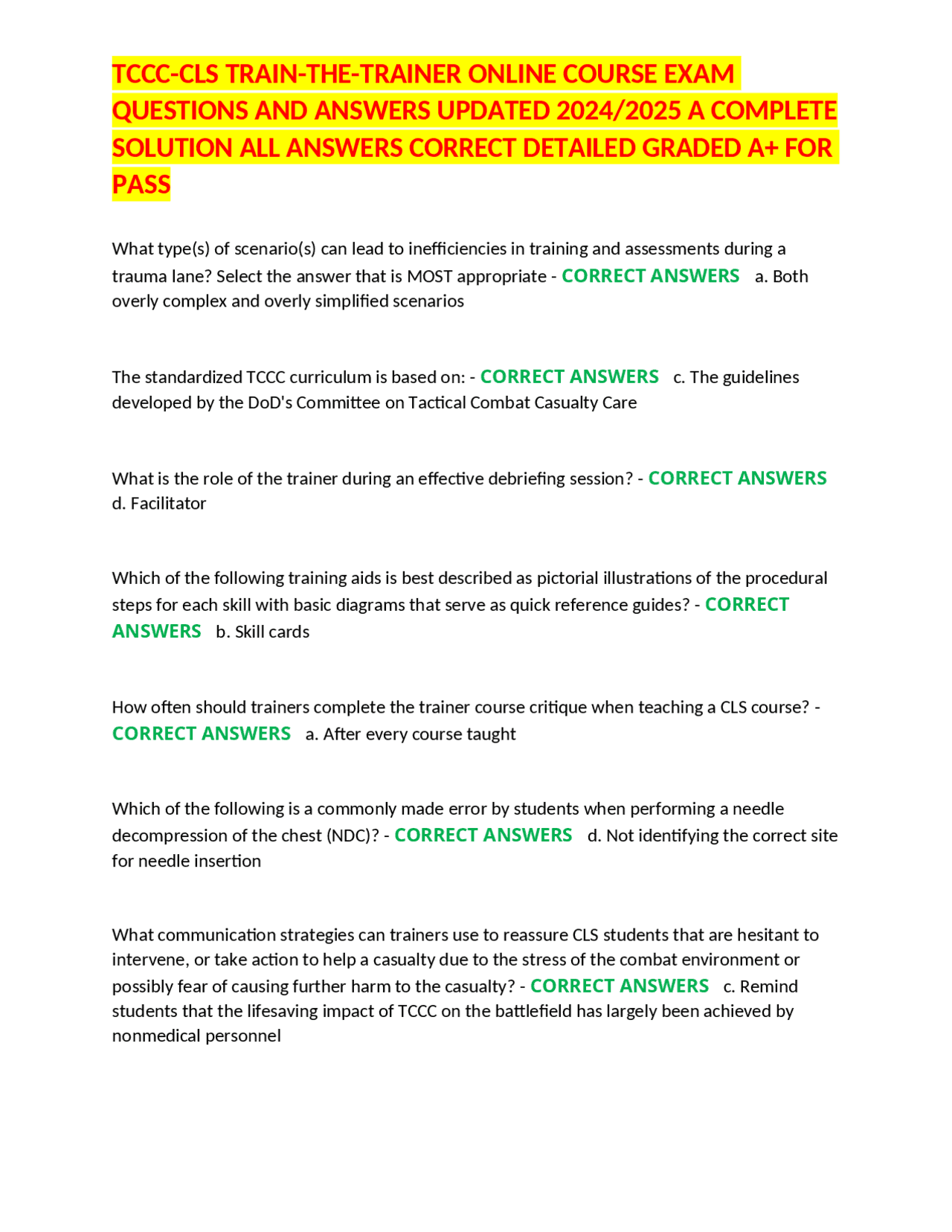 TCCC-CLS TRAIN-THE-TRAINER ONLINE COURSE EXAM QUESTIONS AND ANSWERS ...