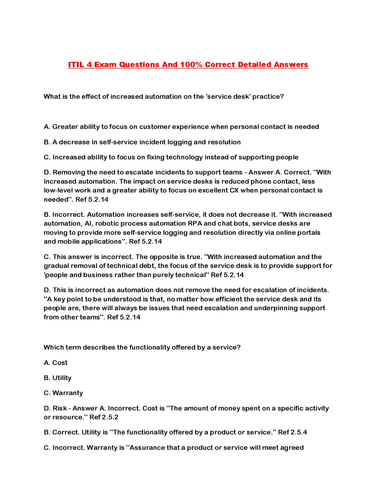 ITIL 4 Exam Questions and Answers: A Comprehensive Guide | Exams Advanced Education | Docsity