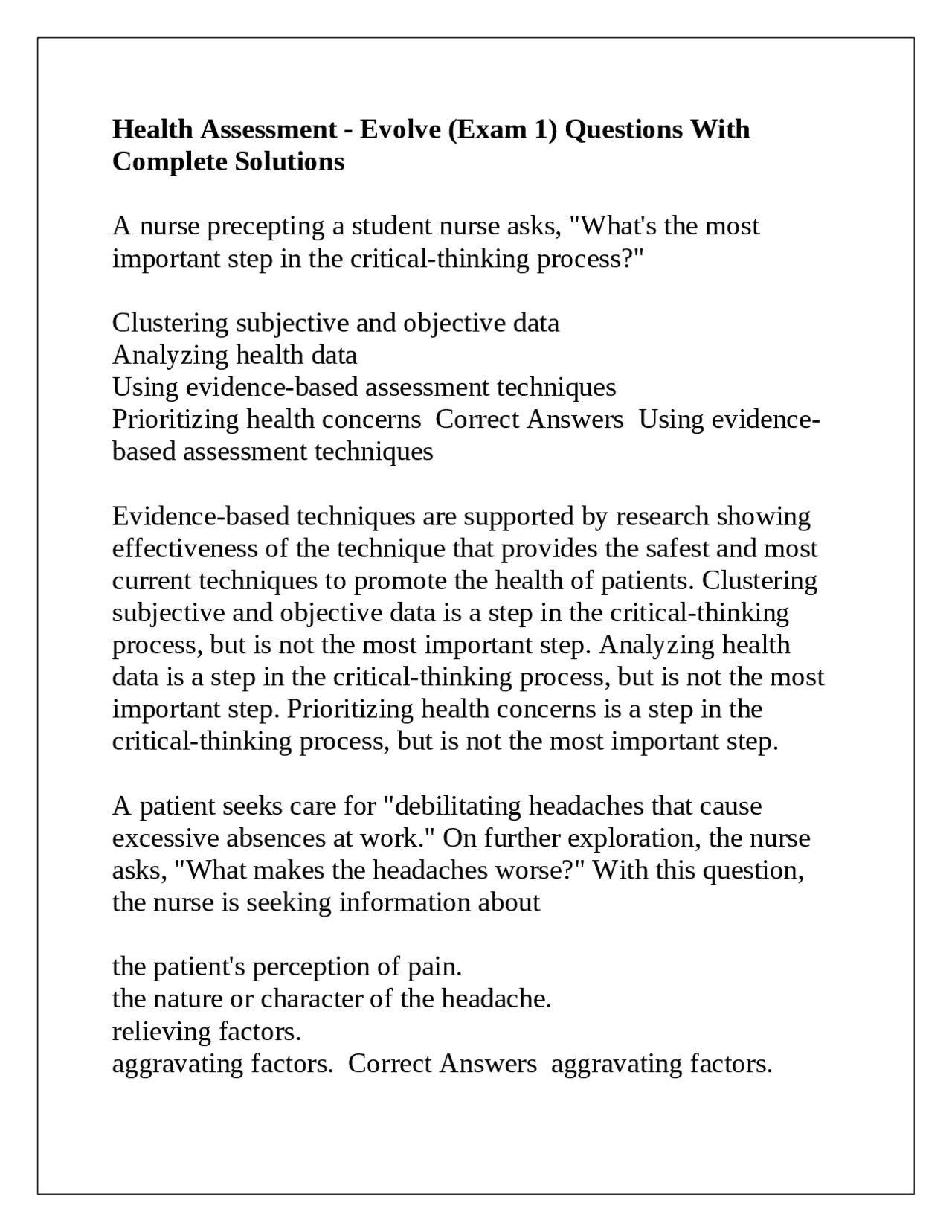 Health Assessment - Evolve (Exam 1) Questions With Complete Solutions ...