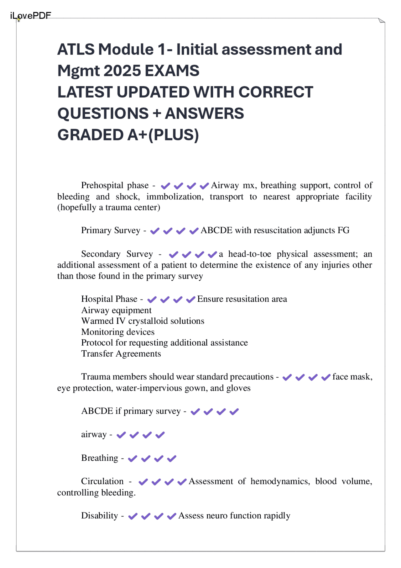 ATLS Module 1- Initial assessment and Mgmt 2025 EXAMS LATEST UPDATED ...