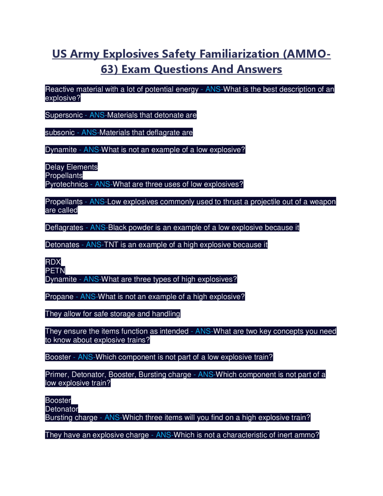 US Army Explosives Safety Familiarization Exam Questions and Answers | Exams Military Strategy ...
