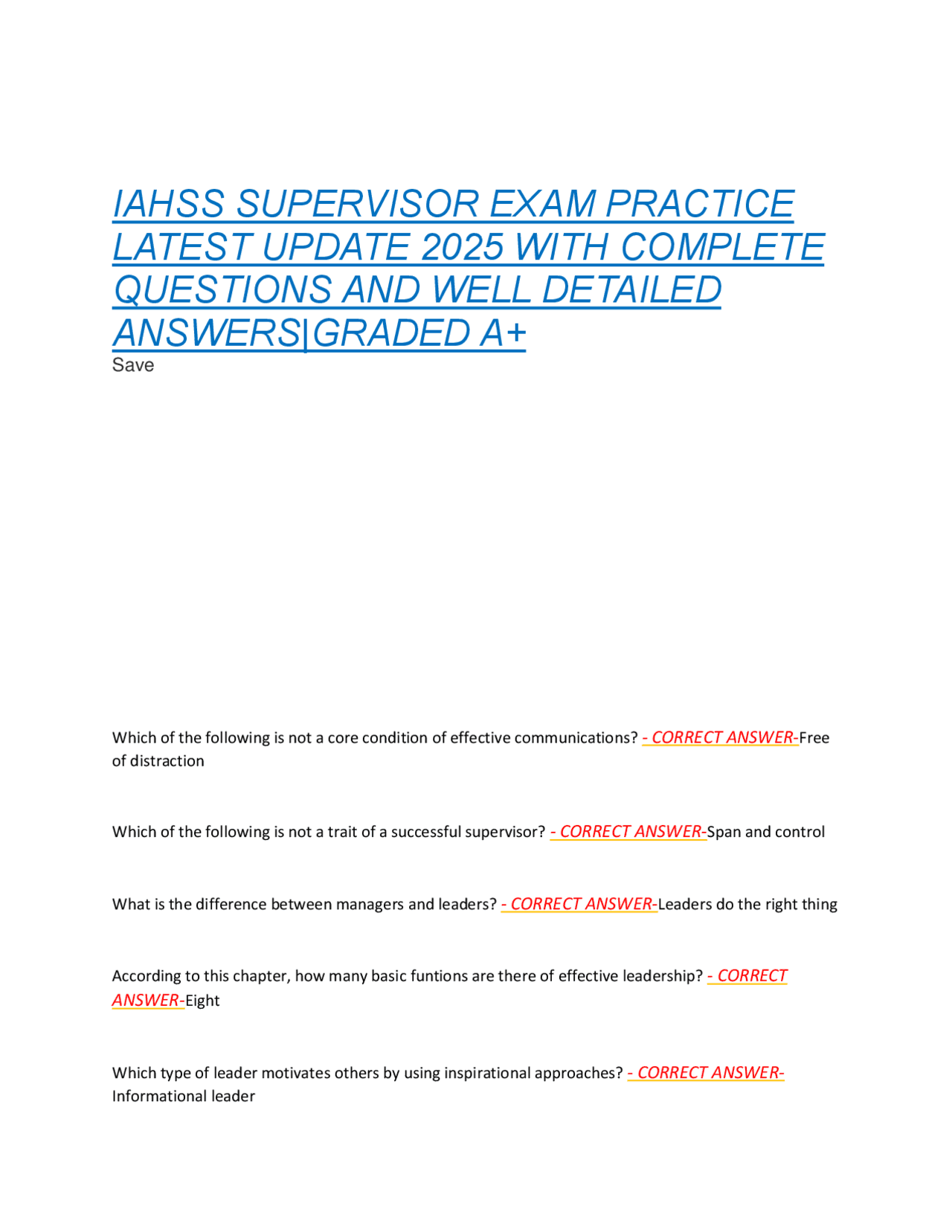 IAHSS SUPERVISOR EXAM PRACTICE LATEST UPDATE 2025 WITH COMPLETE ...