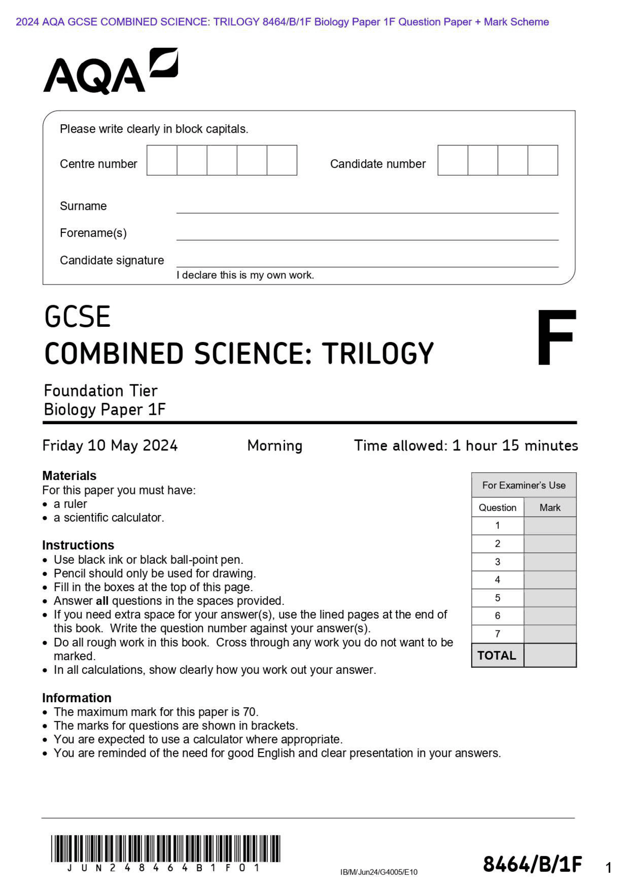 2024 AQA GCSE COMBINED SCIENCE: TRILOGY 8464/B/1F Biology Paper 1F ...
