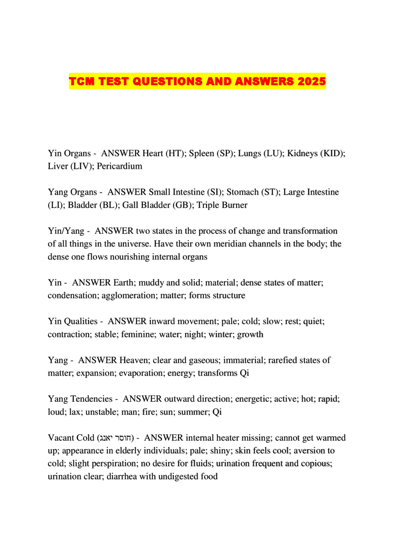 TCM Test Questions and Answers: Yin, Yang, and the Five Elements ...