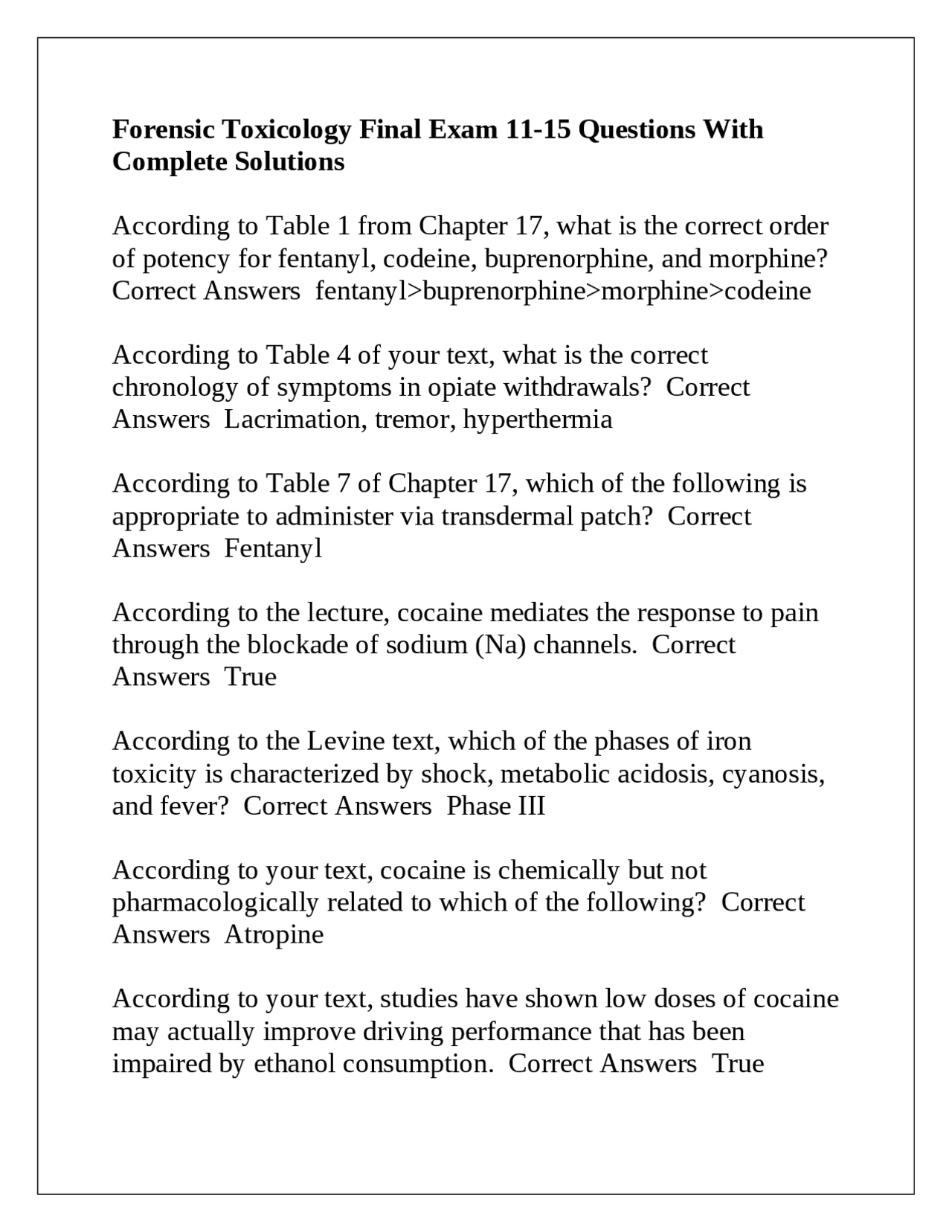 Forensic Toxicology Exam Questions and Answers | Exams Nursing | Docsity