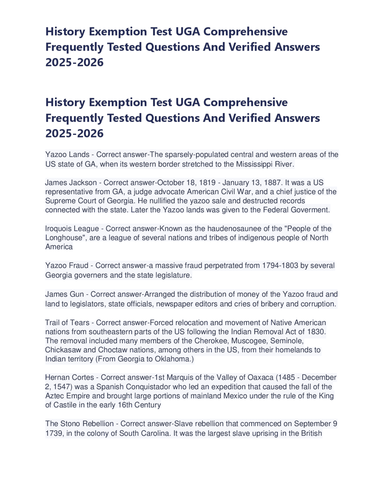 History Exemption Test UGA Comprehensive Frequently Tested Questions ...