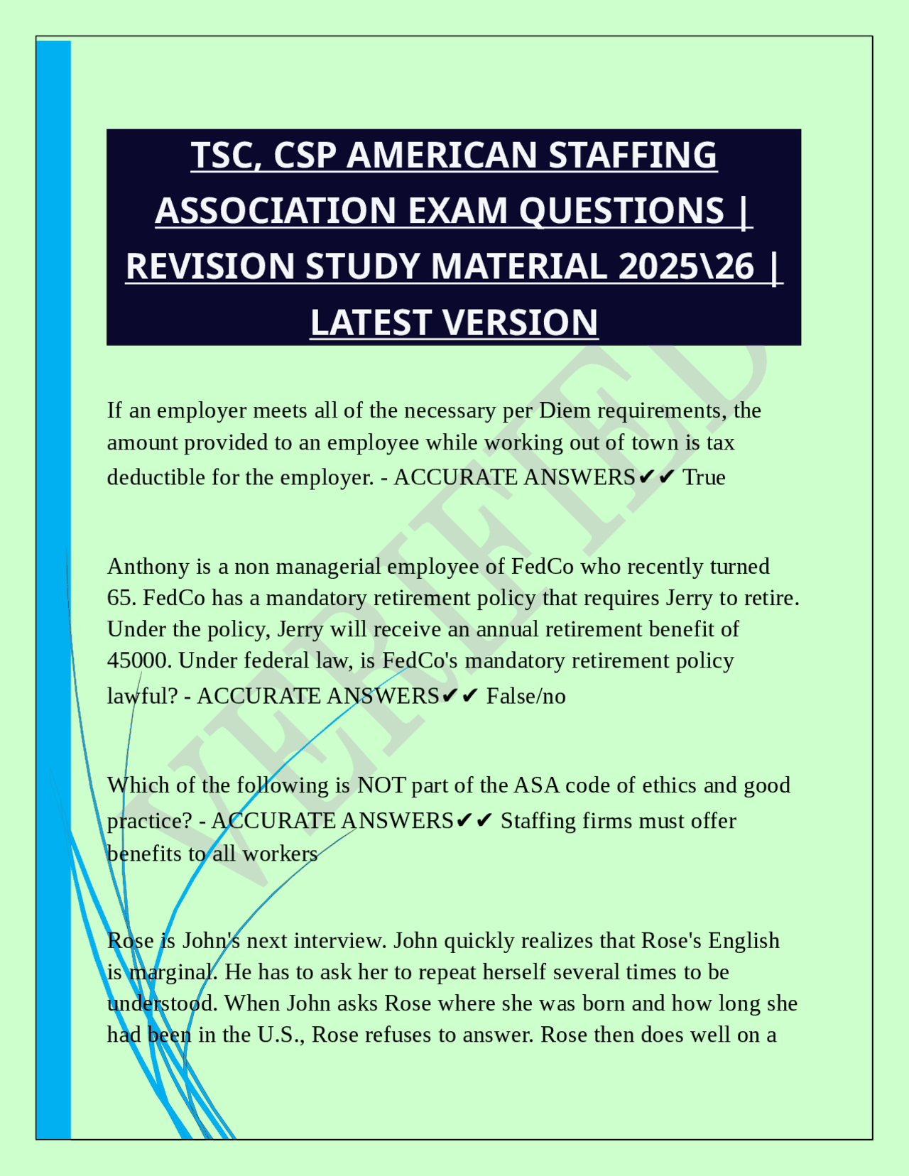 TSC, CSP AMERICAN STAFFING ASSOCIATION EXAM QUESTIONS |REVISION STUDY ...