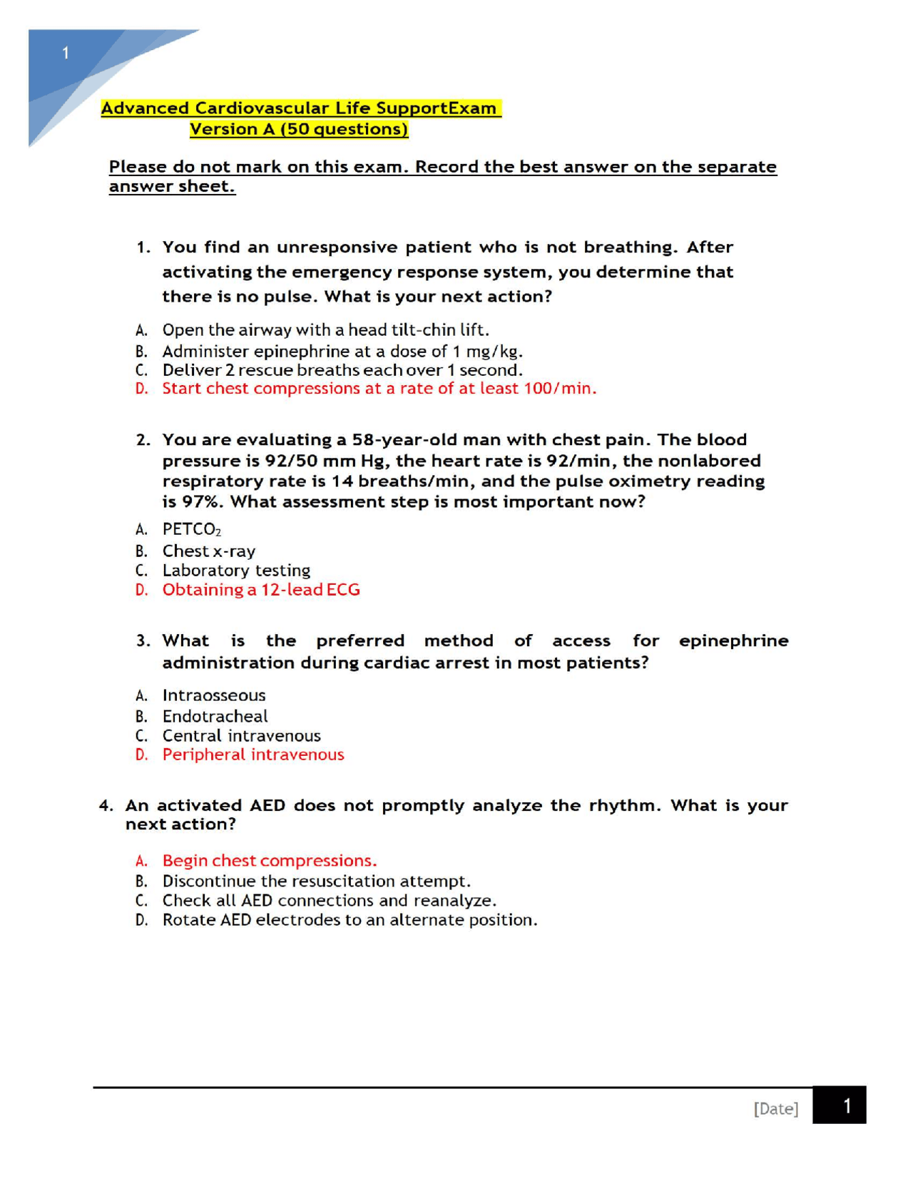 Advanced Cardiovascular Life Support Exam Version A (50 questions ...