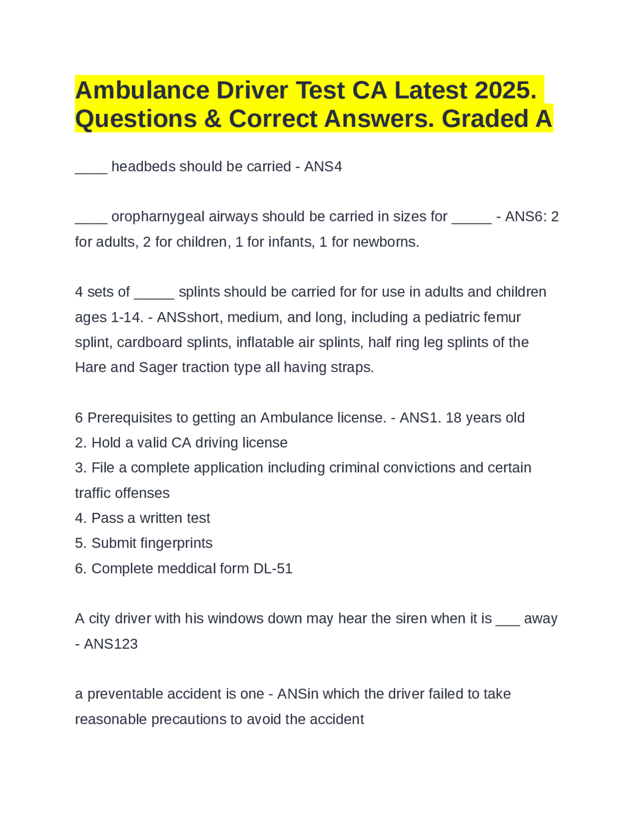 Ambulance Driver Test CA Latest 2025. Questions & Correct Answers ...