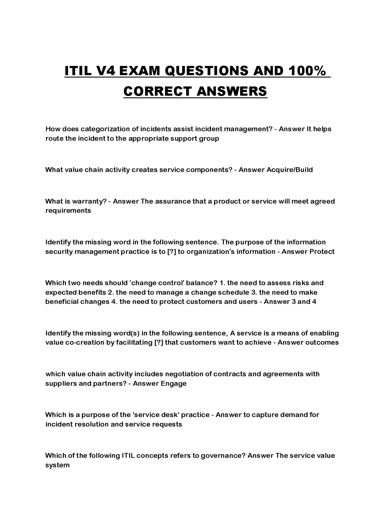 ITIL V4 Exam Questions and Answers: A Comprehensive Guide | Exams Advanced Education | Docsity