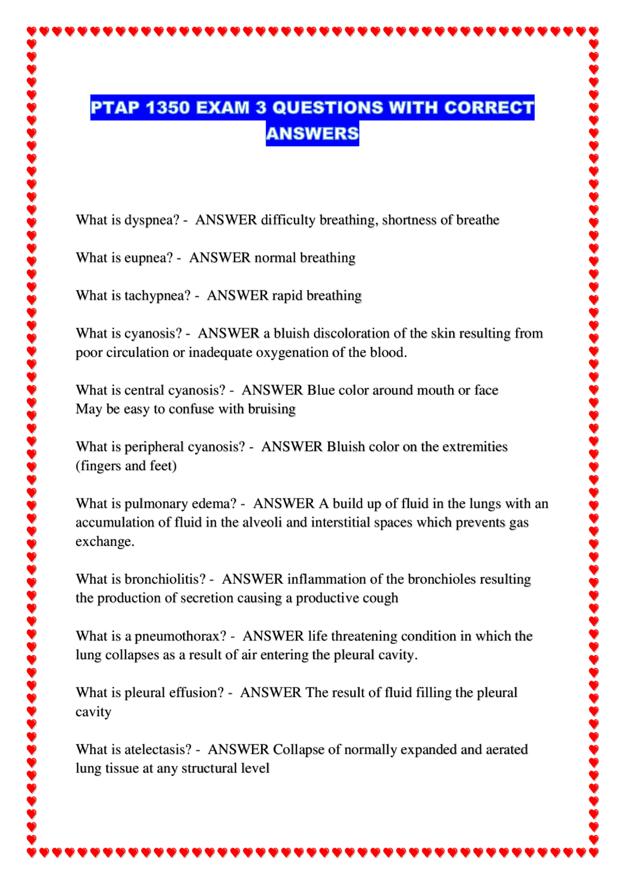 PTAP 1350 EXAM 3 QUESTIONS WITH CORRECT ANSWERS | Exams Nursing | Docsity