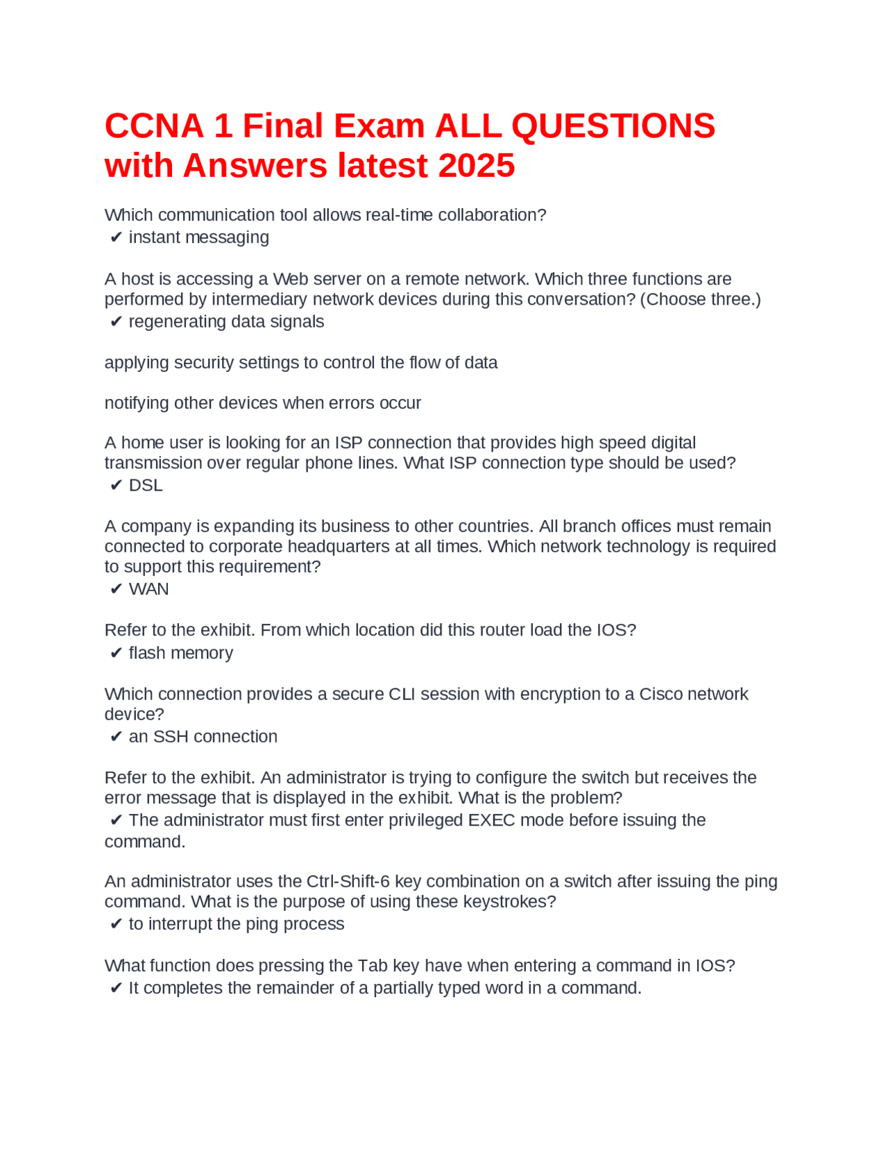 CCNA 1 Final Exam ALL QUESTIONS with Answers latest 2025 | Exams ...