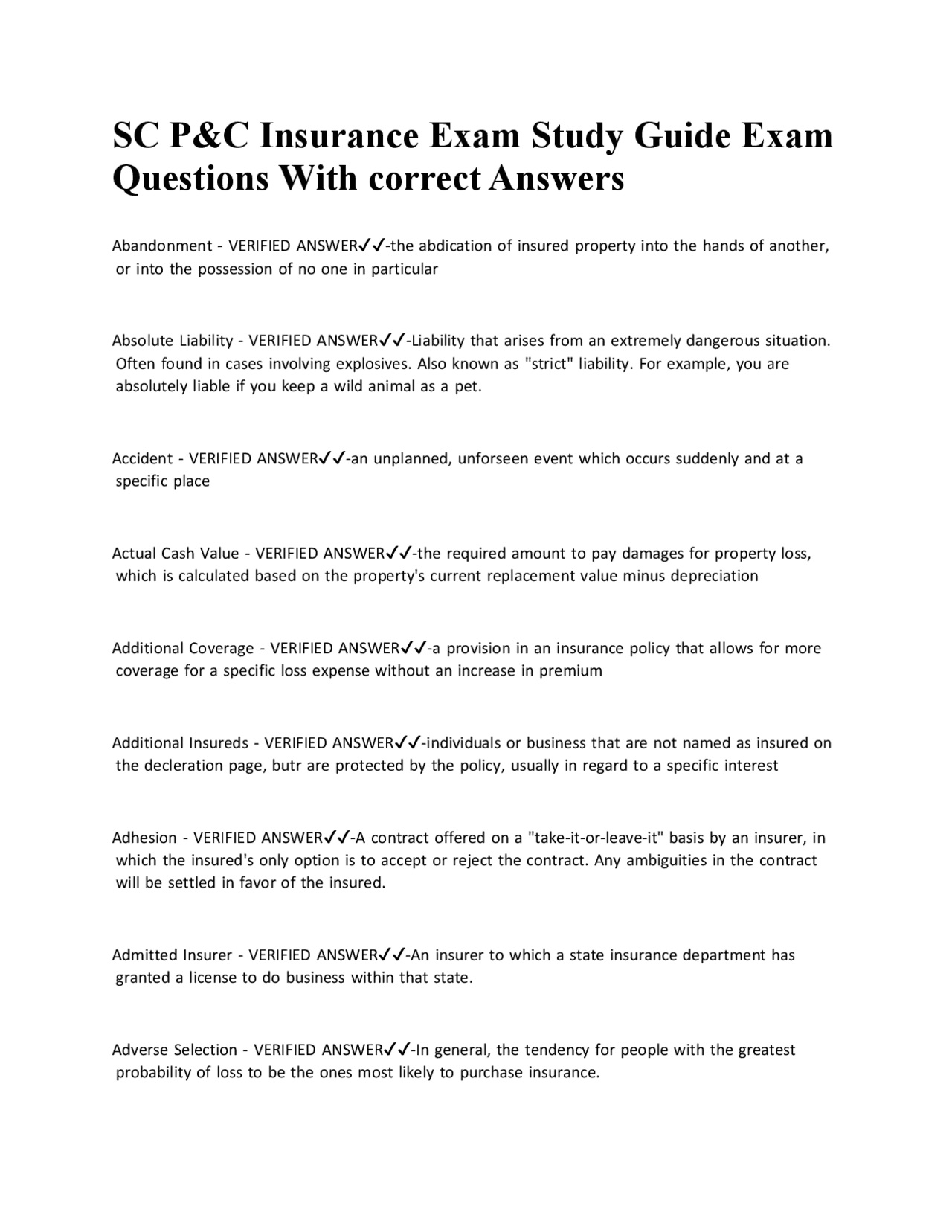 SC P&C Insurance Exam Study Guide Exam Questions With correct Answers ...